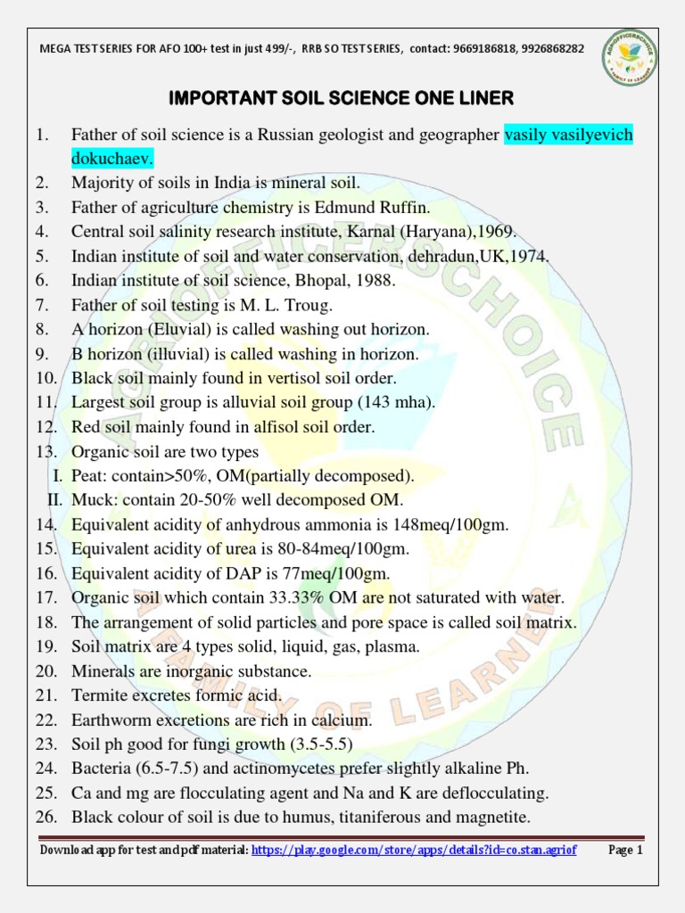 Important Soil Science One Liner | PDF | Soil | Materials