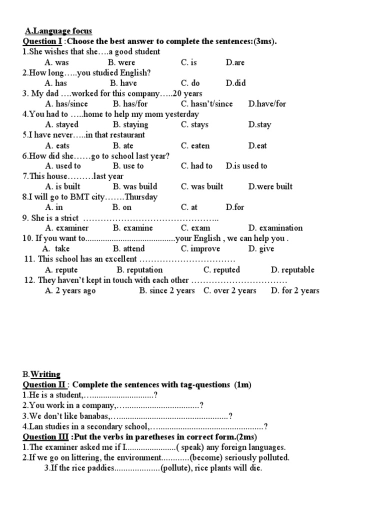 A.Language Focus Question I:Choose The Best Answer To Complete The ...