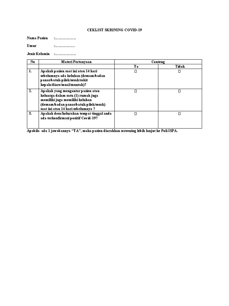 Ceklist Skrining Covid | PDF