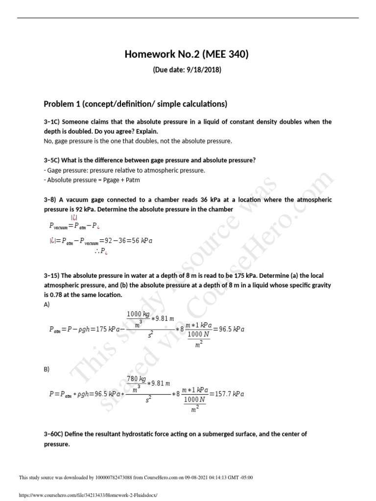 This Study Resource Was: Homework No.2 (MEE 340) | PDF | Pressure ...