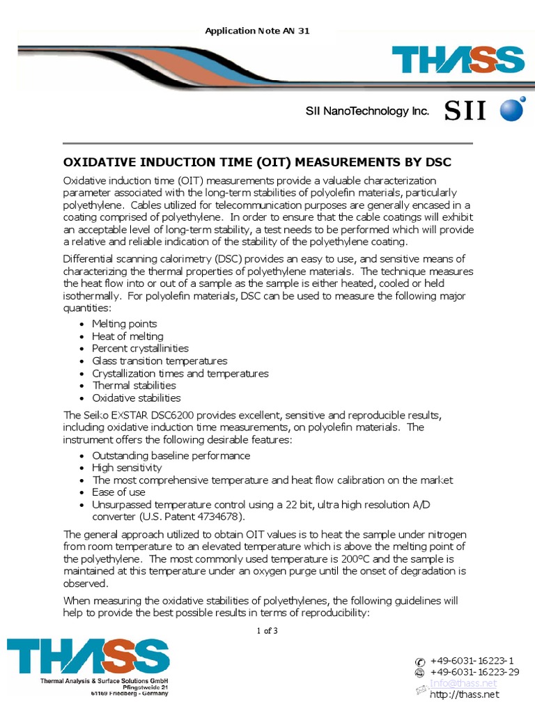 Oxidative Induction Time (Oit) Measurements by DSC: Application Note AN ...