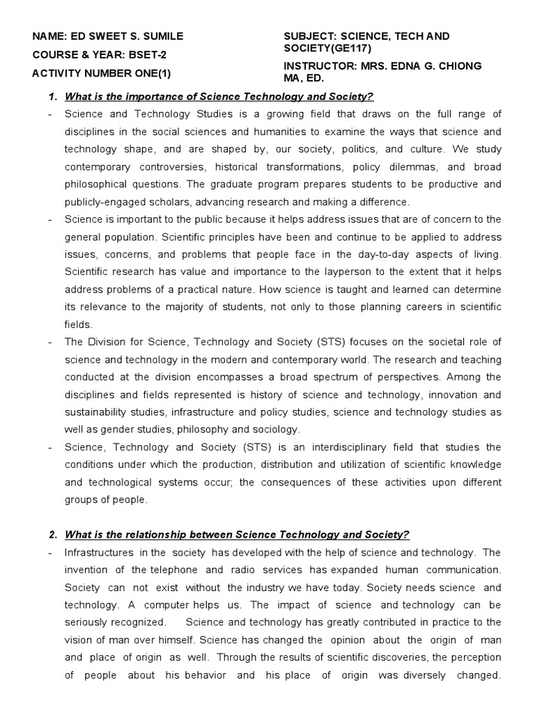 Science, Technology and Society Activity 1 | PDF | Science | Society