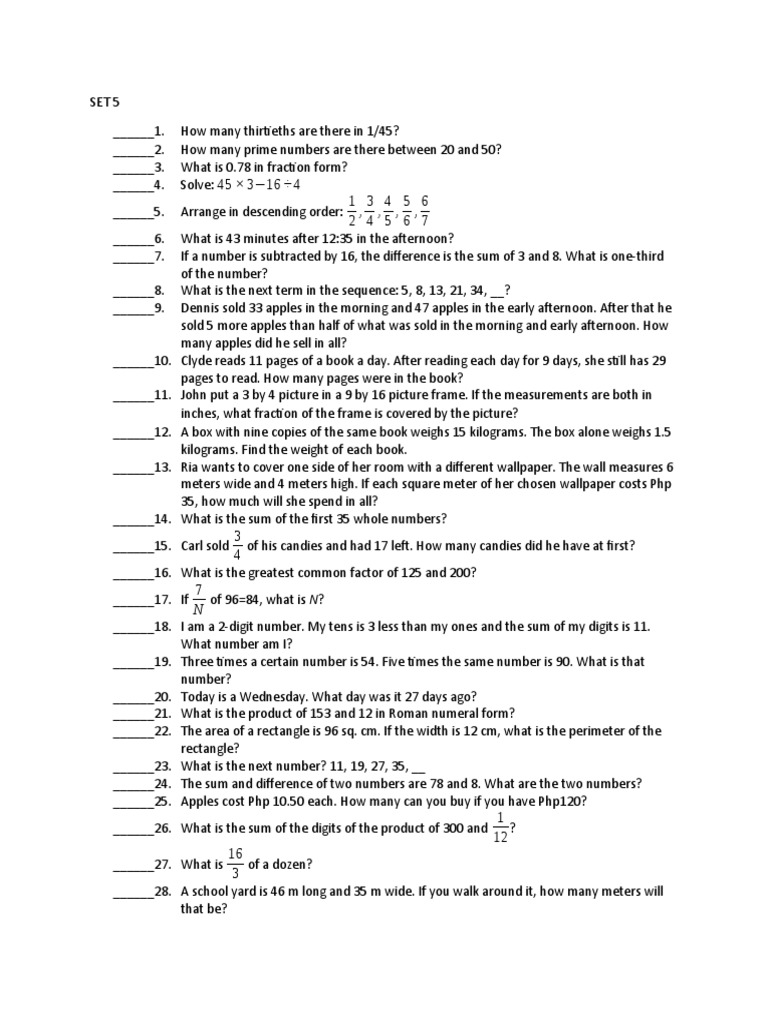 MTAP Worksheet 5 (Grade 3) | PDF | Elementary Mathematics | Arithmetic