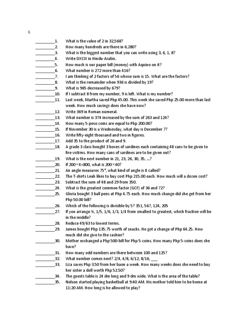 MTAP Worksheets I-II (Grade 3) | PDF | Odds | Area