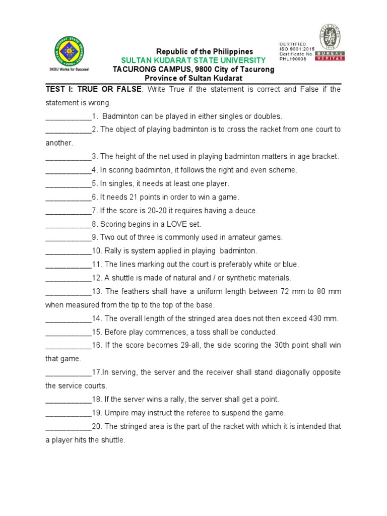 Midterm Examintion-Badminton | Download Free PDF | Ball Games | Summer ...