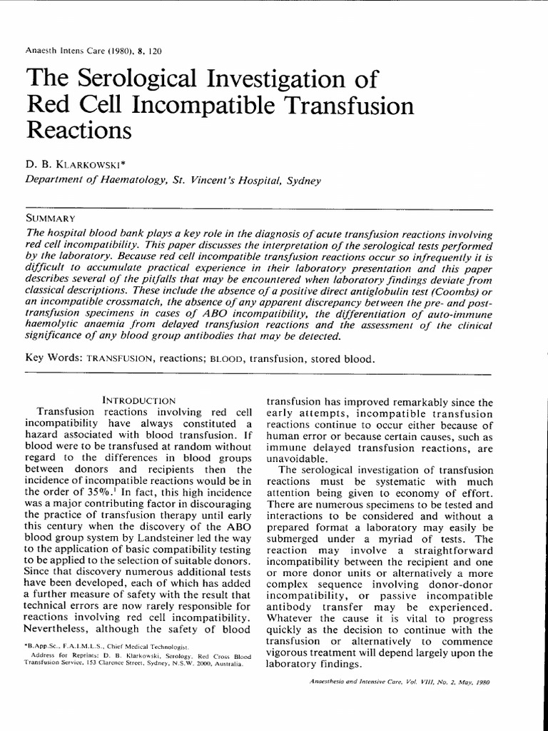 The Serological Investigation of Red Cell Incompatible Transfusion ...