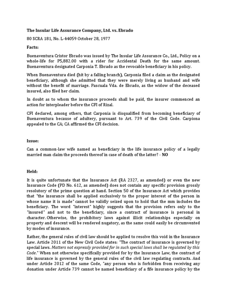 The Insular Life Assurance Company V Ebrado | PDF | Life Insurance ...