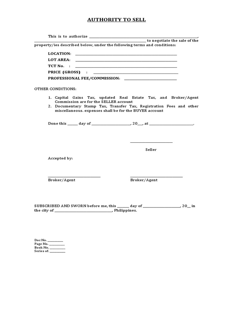 Property Sale Authorization Form | PDF | Business | Finance & Money ...