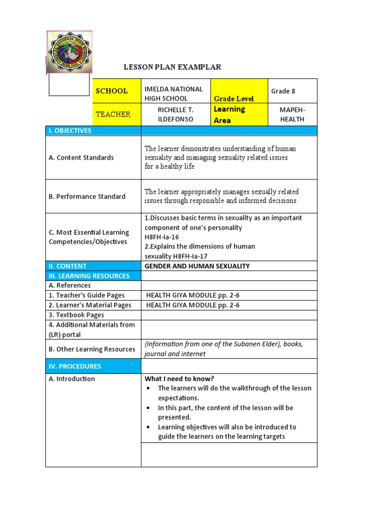 Lesson Plan Examplar School Grade Level: Learning Area | PDF | Learning ...