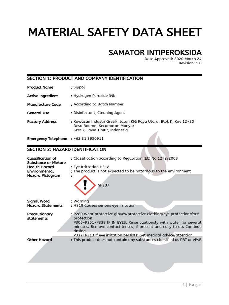 Sippol Hydrogen Peroxide MSDS | PDF | Dangerous Goods | Physical Sciences