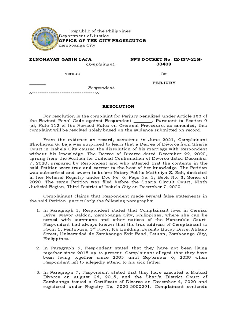 Perjury Complaint Resolution in Zamboanga | PDF | Perjury | Divorce