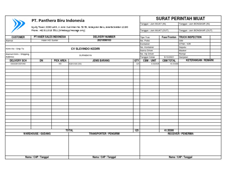 PT. Panthera Biru Indonesia: Surat Perintah Muat | PDF