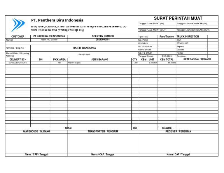 PT. Panthera Biru Indonesia: Surat Perintah Muat | PDF