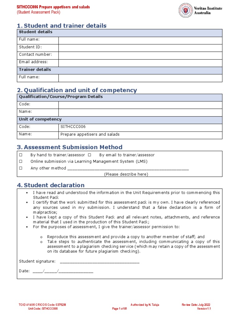SITHCCC006 Student Assessment Pack | PDF | Cooking | Salad