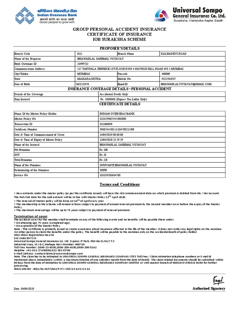 Group Personal Accident Insurance Certificate of Insurance Iob Suraksha ...