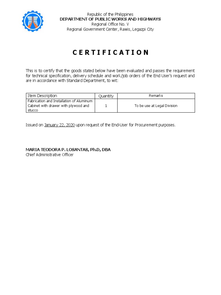 Certification: Department of Public Works and Highways | PDF