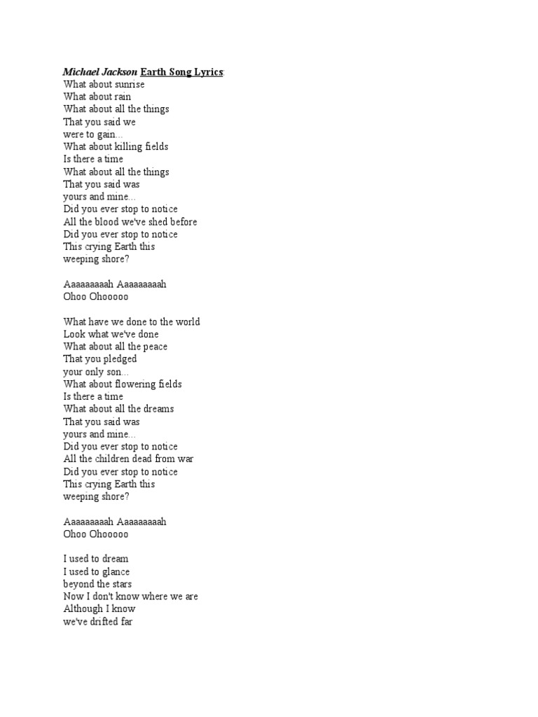 Michael Jackson Earth Song Lyrics | PDF | Art | Young Adult