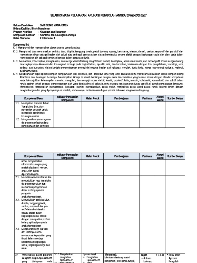 2021 - SILABUS Spreadsheet - KELAS X-Revisi | PDF | Seni | Komputer