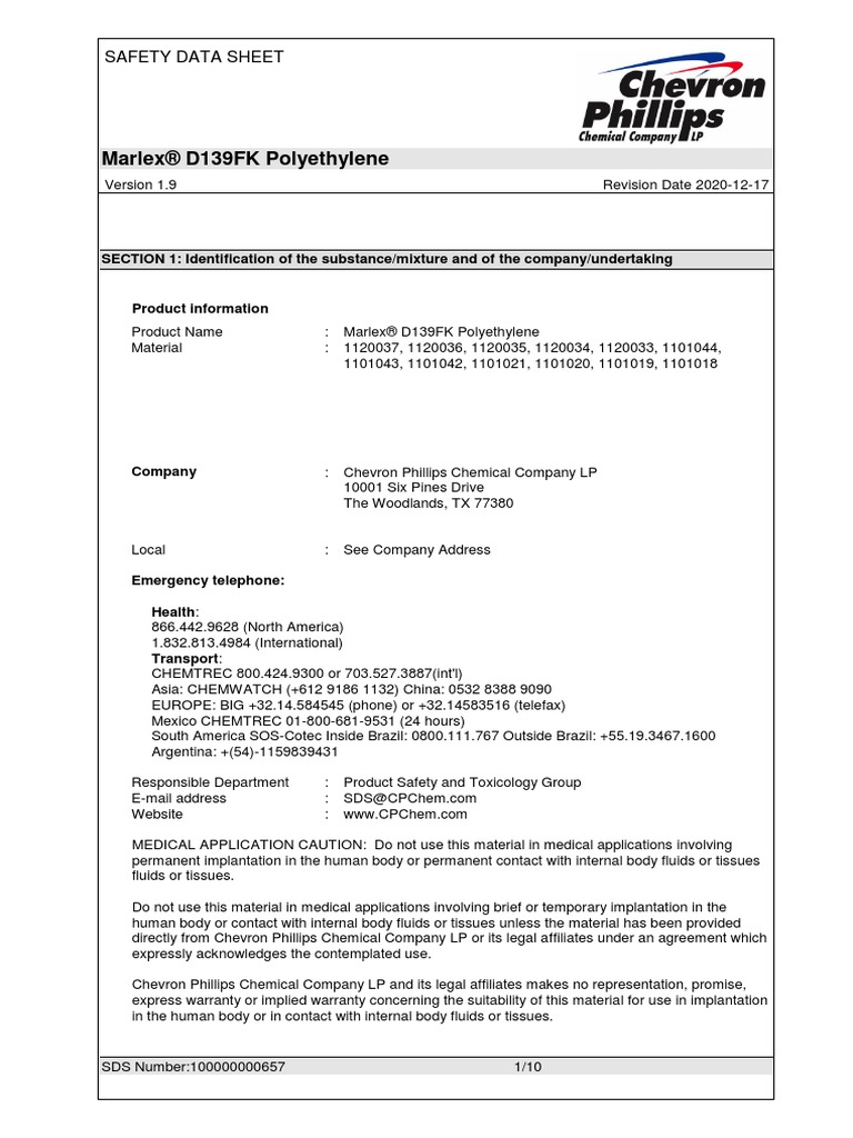 Marlex® D139FK Polyethylene: Safety Data Sheet | PDF | Dangerous Goods | Combustion