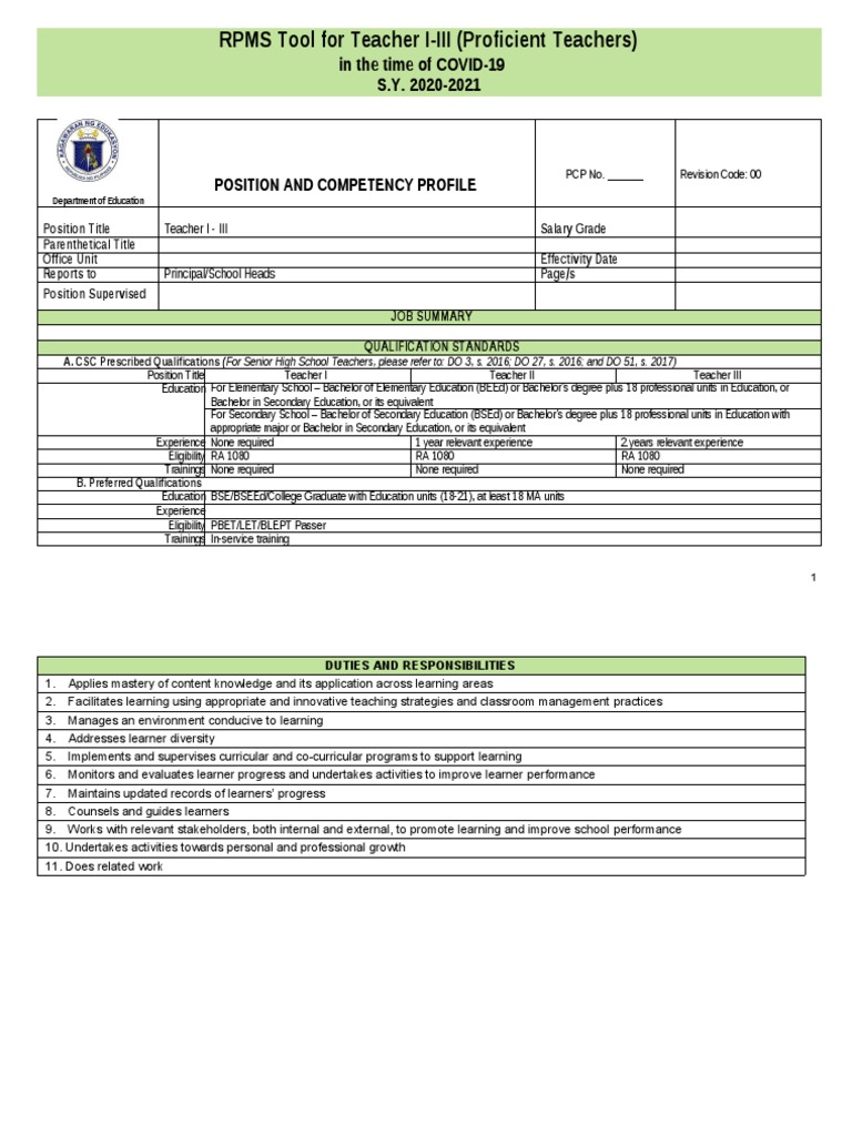 RPMS Tool for Teacher I-III (Proficient Teachers) in the time of COVID ...