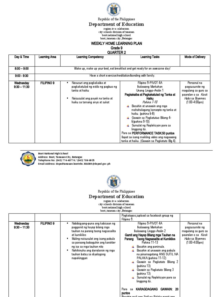Weekly Home Learning Plan FILIPINO 9 2nd Quarter | PDF