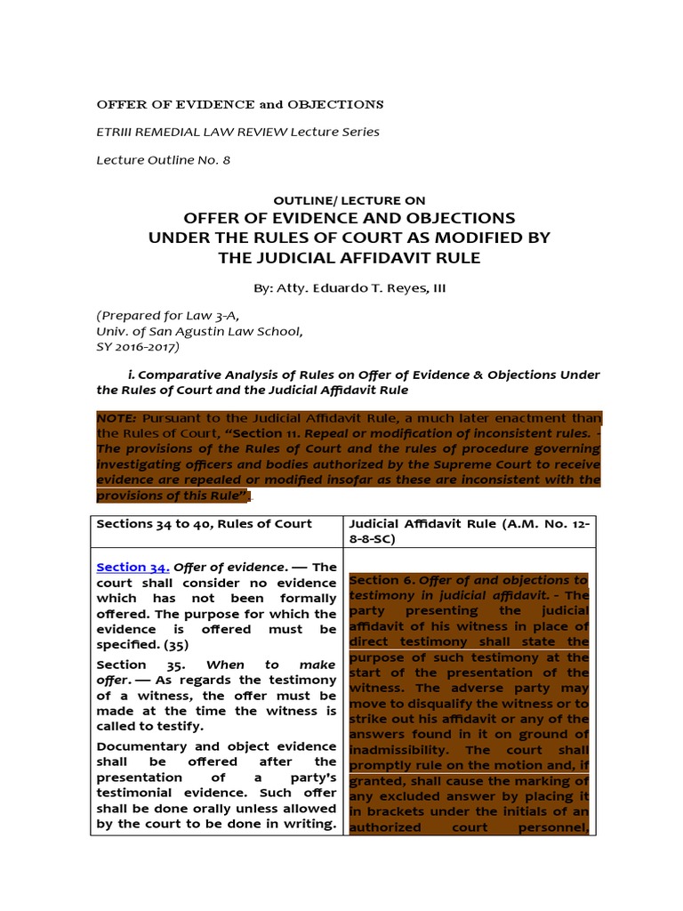 Offer of Evidence and Objections Under The Rules of Court As Modified ...