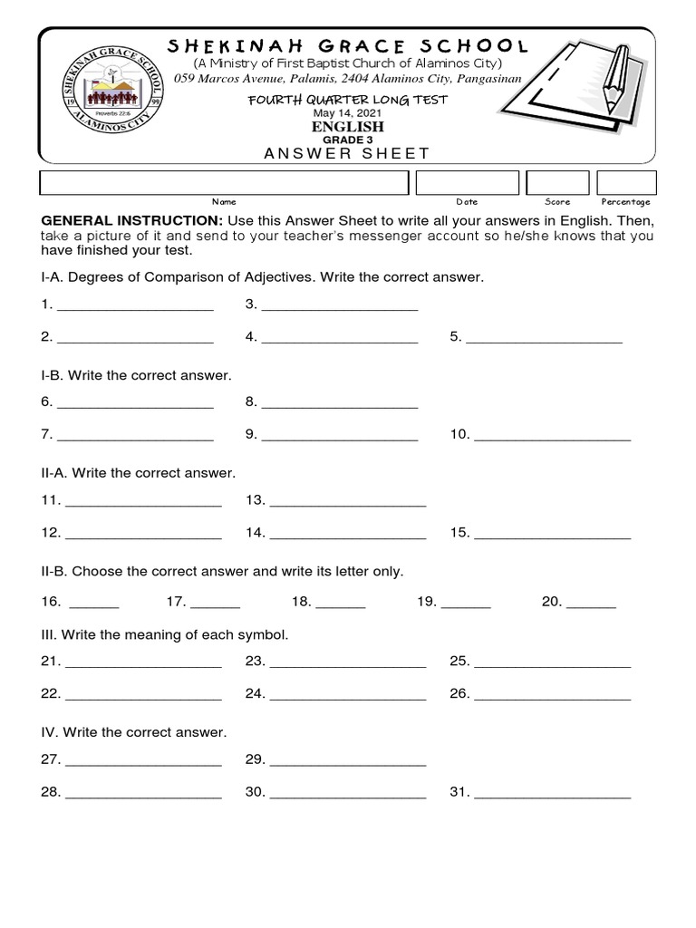 Shekinah Grace School: Answer Sheet | PDF