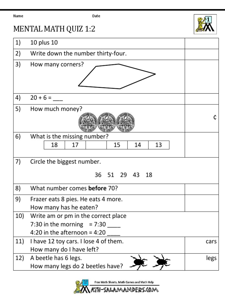 Mental Math Quiz 1:2: Name Date | PDF | Teaching Methods & Materials