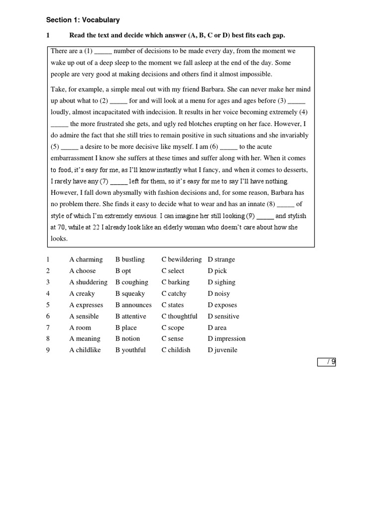 Section 1: Vocabulary 1 Read The Text and Decide Which Answer (A, B, C ...