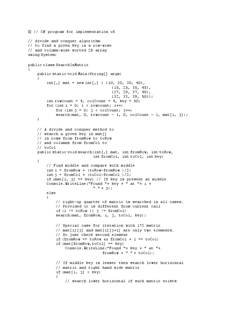 Divide and Conquer Algorithm to Find Key in Sorted 2D Array | PDF | Matrix (Mathematics) | Array ...