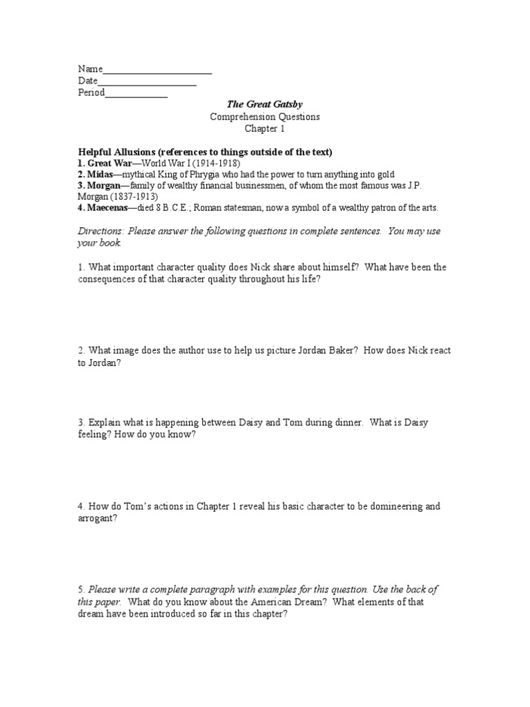 The Great Gatsby Chapter 1 Questions | PDF | History | General Fiction