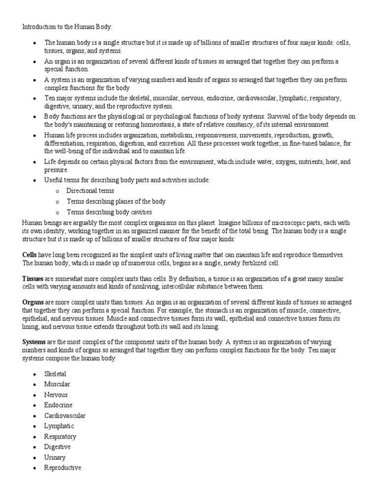 Introduction To The Human Body | PDF | Human Body | Anatomical Terms Of ...