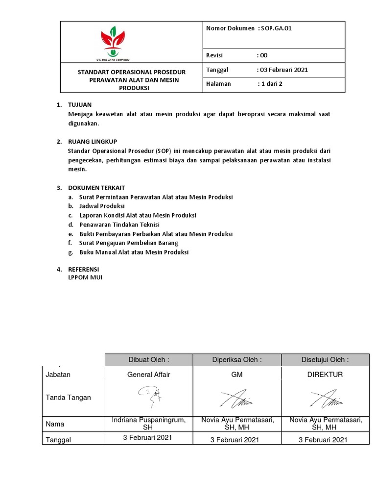 SOP PERAWATAN ALAT ATAU MESIN PRODUKSI-dikonversi | PDF