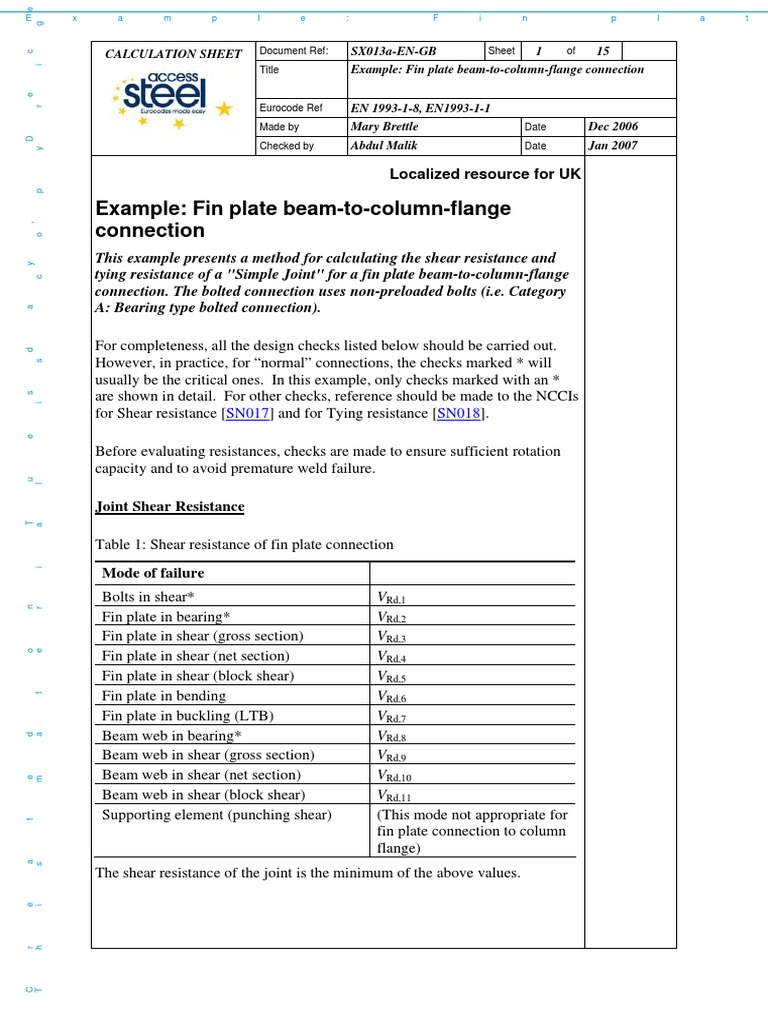 Example: Fin Plate Beam-To-Column-Flange Connection: Localized Resource ...