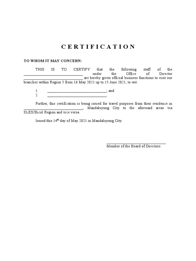 Certification For Travel Pass (For Scribd) | PDF