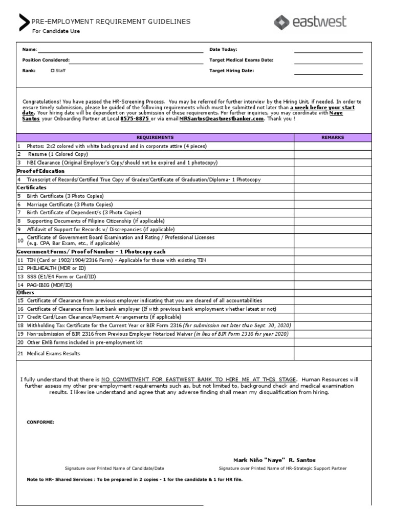Staff - Pre-Employment List of Requirement Guidelines | PDF