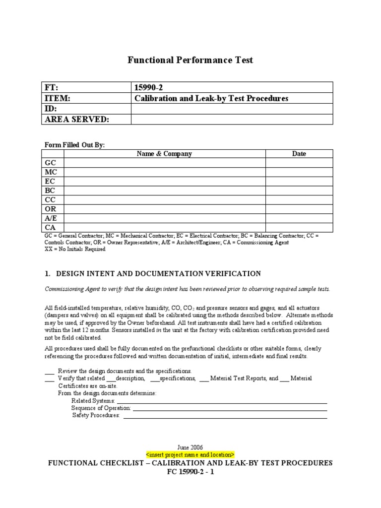 Functional Performance Test: FT: 15990-2 Item: Calibration and Leak-By ...