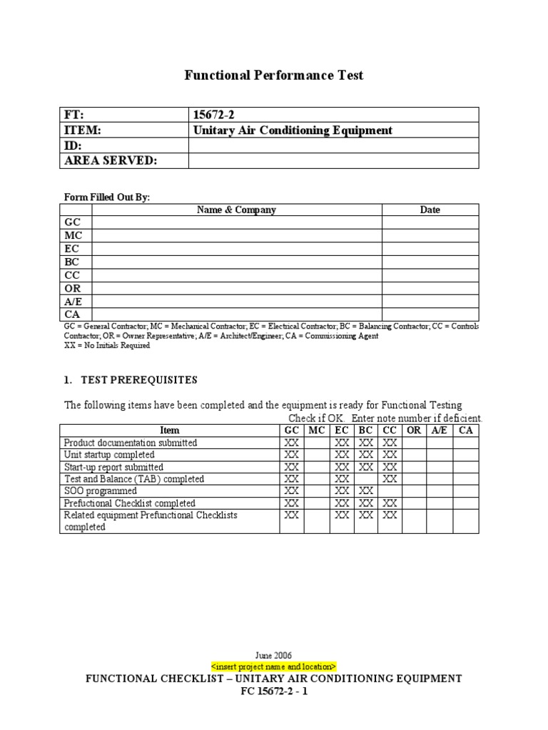 Functional Performance Test: FT: 15672-2 Item: Unitary Air Conditioning ...