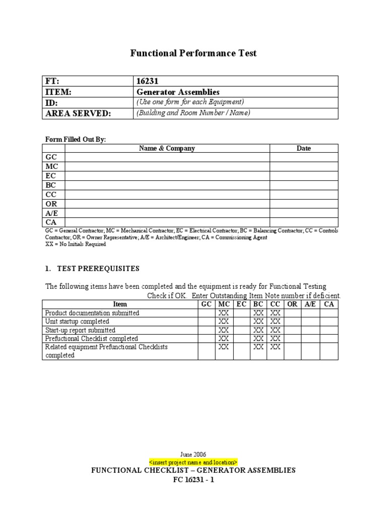 Functional Performance Test: FT: 16231 Item: Generator Assemblies ID ...