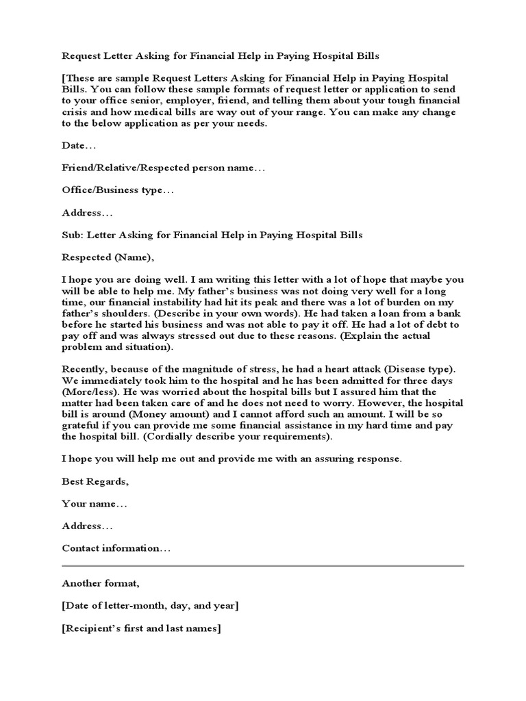 LETTER ASKING FOR FINANCIAL ASSISTANCE IN PAYING HOSPITAL BILLS (For ...
