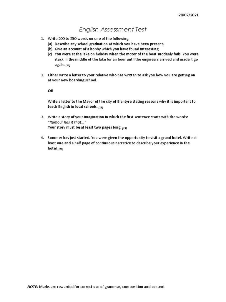 English Assessment Test | PDF