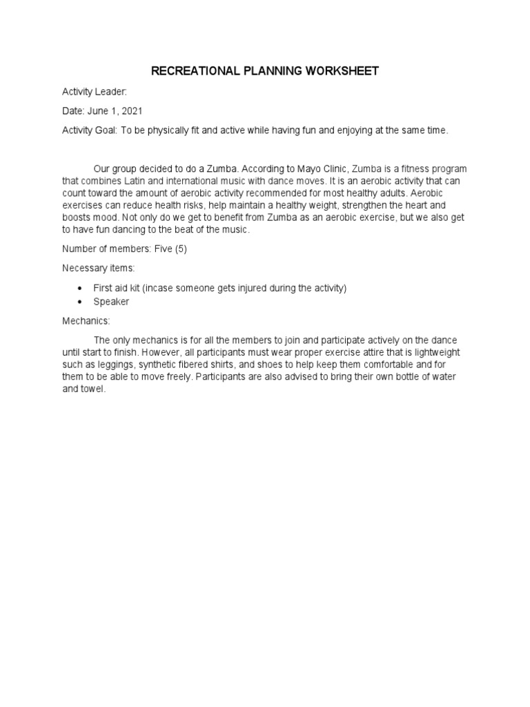 Recreational Planning Worksheet | PDF