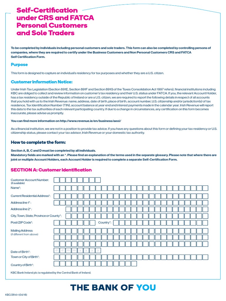 KBC 2614 Personal Customers Self Certification Under CRS FATCA | PDF ...