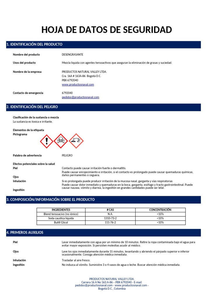 Hoja de Seguridad Desengrasante | PDF | Agua | Quemar