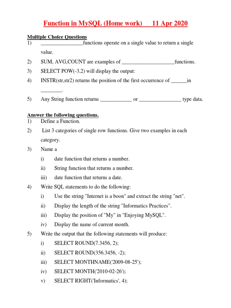 Function in Mysql (Home Work) 11 Apr 2020: Multiple Choice Questions | PDF