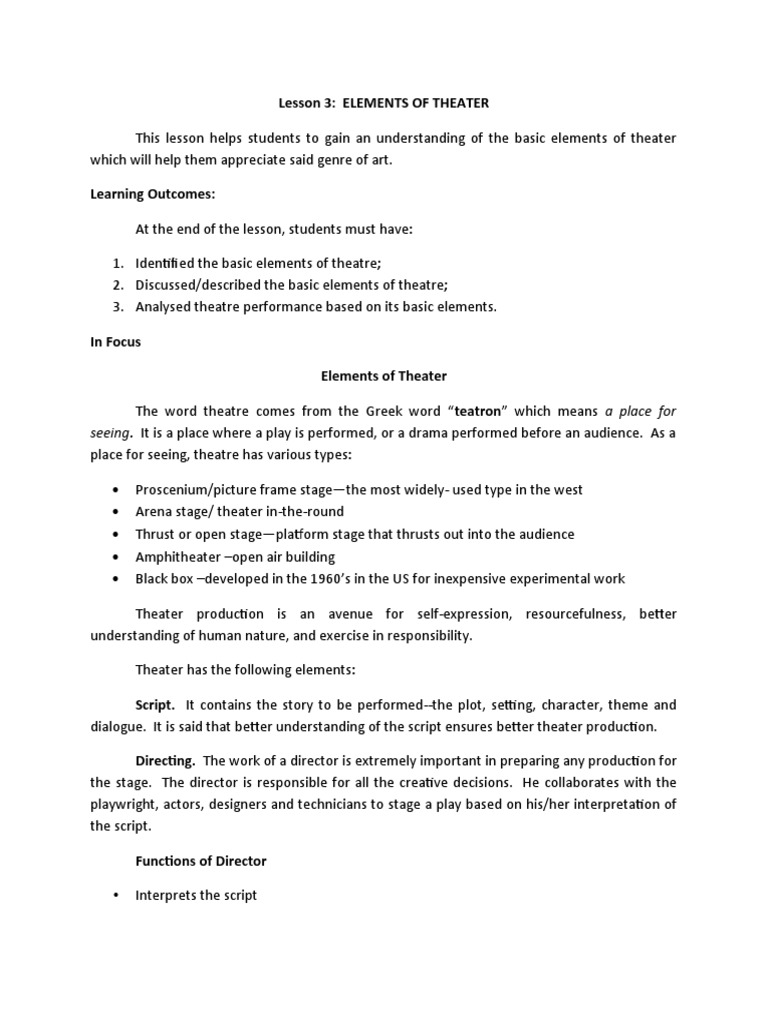 Unit 5 Lecture 3 Elements of Theater and Film | PDF | Theatre | Actor