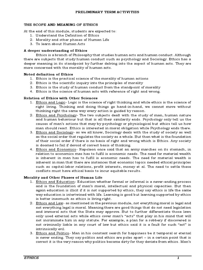 Preliminary Term Activities: Ethics 1 | PDF | Morality | Reason