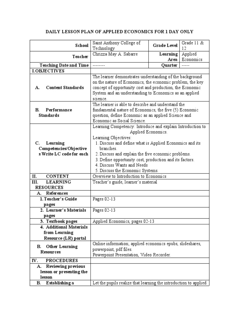 Daily Lesson Plan Overview To Introduction To Applied Economics | PDF ...