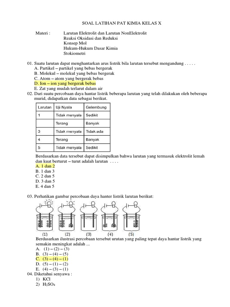 LATIHAN SOAL PAT KIMIA KELAS X Kunci | PDF