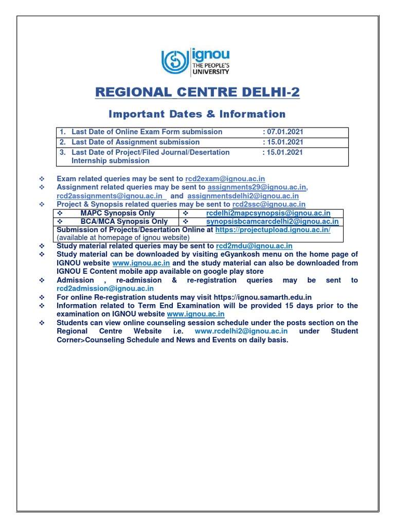 Regional Centre Delhi-2: Important Dates & Information | PDF ...